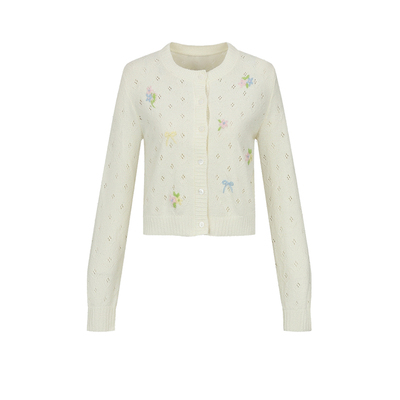 UR&DC2026春季新款甜美风都市碎花刺绣镂空肌理感长袖针织开衫女