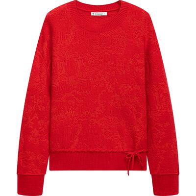 播新年红色提花羊毛针织衫女商场同款短款镂空系带毛衣BDR1SD0457