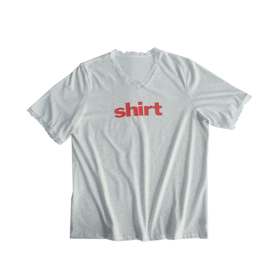 LONSLAN浅灰蕾丝V领大件短袖T恤