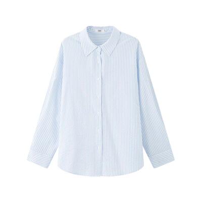 三福条纹衬衫女2026新款夏季简约翻领衬衣宽松长袖上衣女装519309