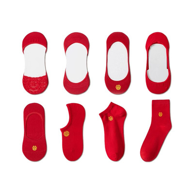 红袜子结婚情侣一对红色蕾丝男女士新娘船袜底隐形高跟鞋薄款新婚