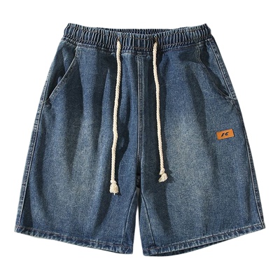日本品牌松紧腰牛仔短裤男夏薄款