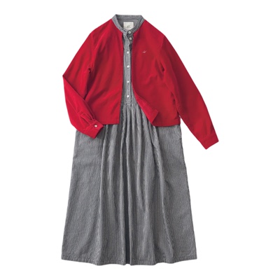 纯棉开衫拼接风假两件条纹连衣裙