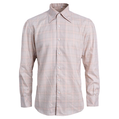 平圆方中格子一片领长袖衬衫男