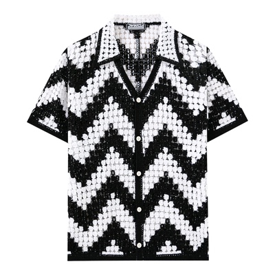 2026夏季痞帅风V领黑白波纹短袖衬衣男镂空开衫polo衫Men's shirt