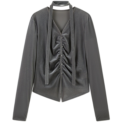 太平鸟女装秋季时尚休闲丝绒飘带上衣女衬衫A1CDE3550