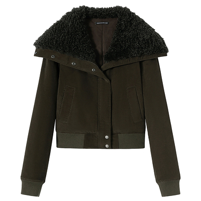 大翻领短款收腰灯芯绒棉服外套