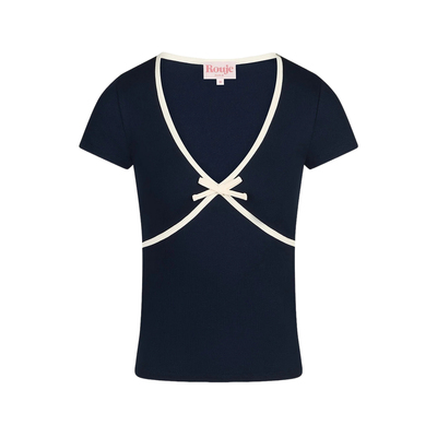 Rouje法式少V领蝴蝶结短袖T恤