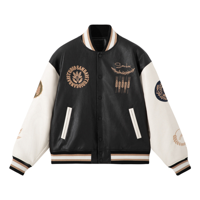 SANBAI黑色麦穗刺绣棒球夹克棉服