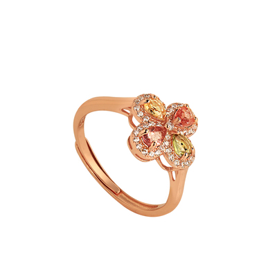 小银匠天然碧玺开口四叶草银戒指