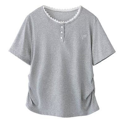 大码显瘦掐腰短袖蕾丝拼接t恤夏