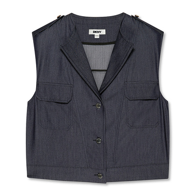 DKNY唐可娜儿2025秋季新款女现代小翻领截短式仿牛仔马甲上衣外套