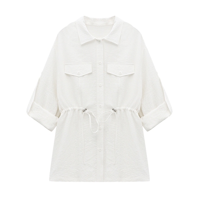 Basic House/百家好秋冬新款翻领口袋抽绳收腰设计感百搭休闲衬衫