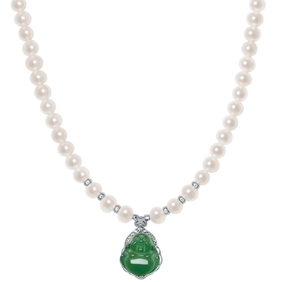 周六福淡水珍珠中国风项链玉髓佛公链坠S925银优雅女神节礼物