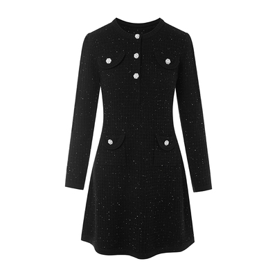 朗姿/LIME莱茵格纹肌理兔绒混纺亮片针织收腰连衣裙高腰26春新款