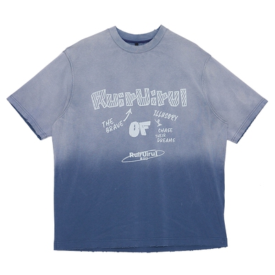 RuirUirul洗水蓝渐变T恤夏季新品宽松款复古趣味印花短袖上衣
