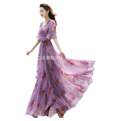 莎点紫色连衣裙碎花长裙