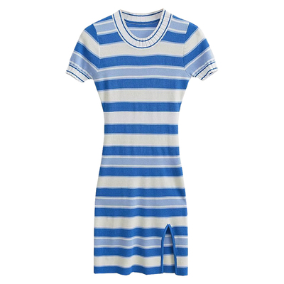 辣妹性感条纹开叉包臀连衣裙短裙