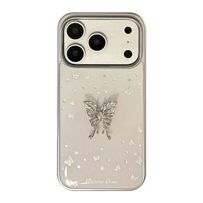 轻奢碎银鎏金立体蝴蝶适用苹果16Pro手机壳iPhone15/14/13少女心银箔闪粉高级感17air带珠链挂绳防摔壳12新款