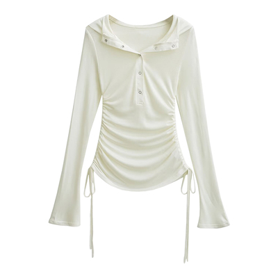 连帽抽绳褶皱收腰长袖T恤上衣