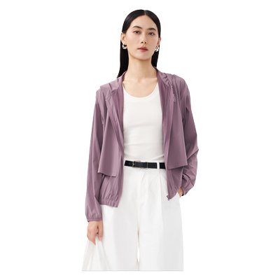 OTT春秋新款宽松紫色皮肤衣连帽双层拼接设计通勤轻薄外套女装