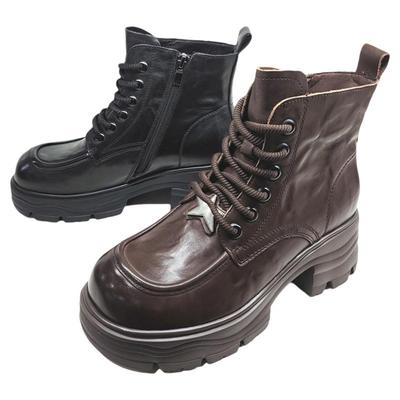 2025秋冬粗跟牛皮短靴厚底马丁靴