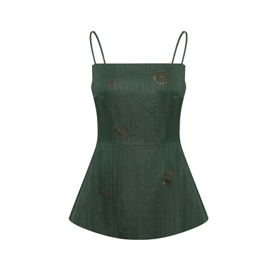 Maison Wester2025秋季新品女士波西风设计感重工墨绿色吊带背心