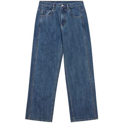 MOORING泊 100%棉中蓝直筒牛仔裤 宽松阔腿高腰长裤