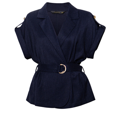 罗衣高级亚麻深蓝色收腰系带衬衫