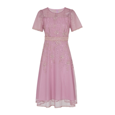 马天奴粉色刺绣网纱连衣裙