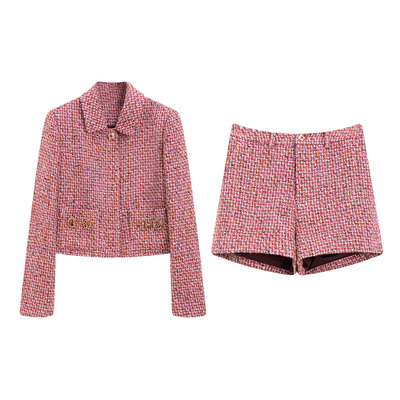 AloneSavor龙喜儿 精致贵气羊毛粗花编织短外套+短裤女士套装J527