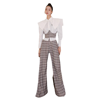 秋季鱼骨胸衣格纹木兰