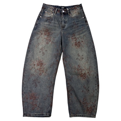 提花刺绣弯刀阔腿牛仔裤男