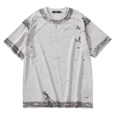 GENANX闪电潮牌复古做旧泼墨荆棘印花2026夏季新款T恤情侣上衣