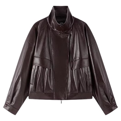 【秀场同款】太平鸟金属丝PU廓形外套女25无花果紫皮衣A1BBF3525