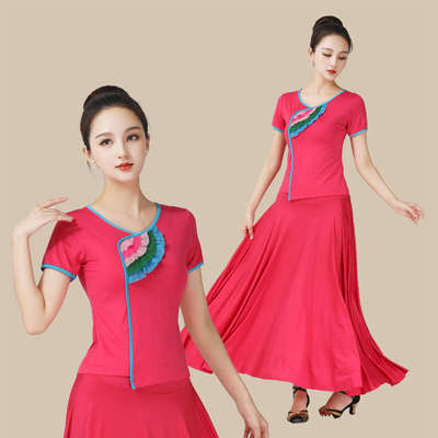 新款广场舞民族风上衣民族舞宽松中袖中老年运功练功服跳舞衣服裙