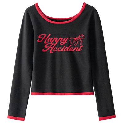 BANANA BABY2025年冬季新款撞色圆领针织衫女字母刺绣蝴蝶结上衣