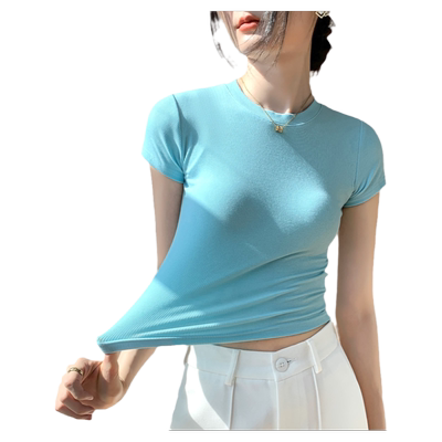 修身圆领纯色螺纹针织短袖T恤女