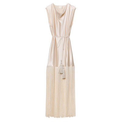 DOEN法式流苏桑蚕丝修身连衣裙