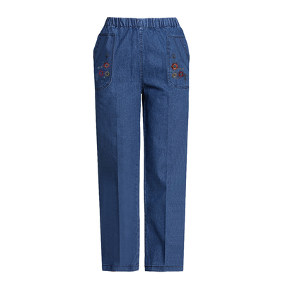 中老年松紧腰春秋牛仔裤宽松直筒