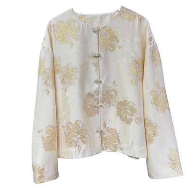 中式！金丝提花真丝圆领短外套