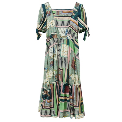 谜底连衣裙2022夏新款方领甜美纯棉印花泡泡袖收腰长裙225ML6076