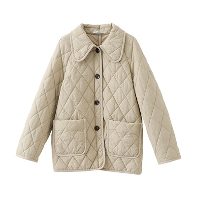 popchrio复古翻领菱格夹棉棉服