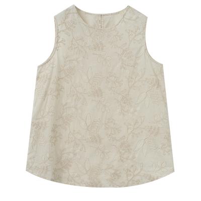 复述新中式国风棉质刺绣舒适简约小背心米色绣花小衫无袖上衣女