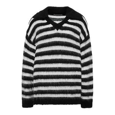 MOUSSY 冬季新品软糯毛绒条纹撞色翻领毛针织衫031IAA70-1771