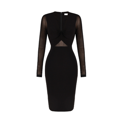 XULU原创春夏黑色水晶麻拼接氨纶网包臀裙气质性感高腰V领连衣裙