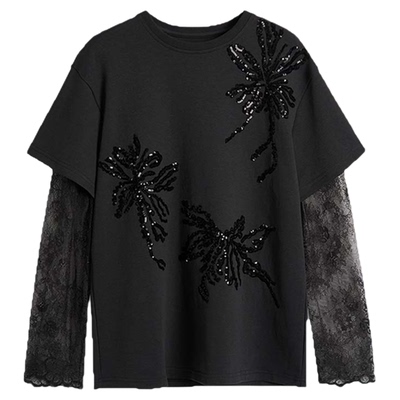 TOFOD 2IN1式 意大利珠奢世家 假两件蕾丝设计感T恤短袖上衣