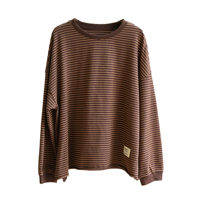 女士265g全棉细条纹圆领长袖T恤