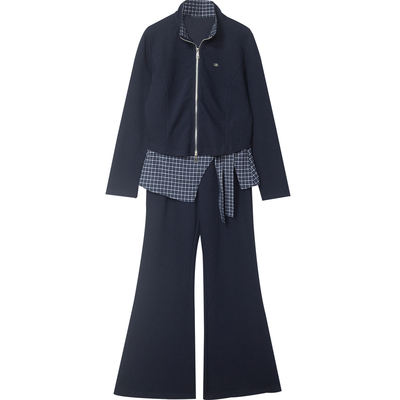 韩版立领半拉链卫衣微喇裤套装