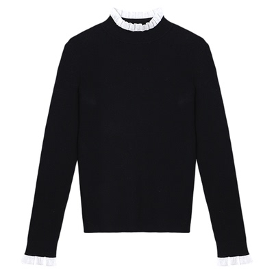 大洪洪【精致叠搭】冬款绵羊毛混纺针织衫女内搭蕾丝拼接打底上衣